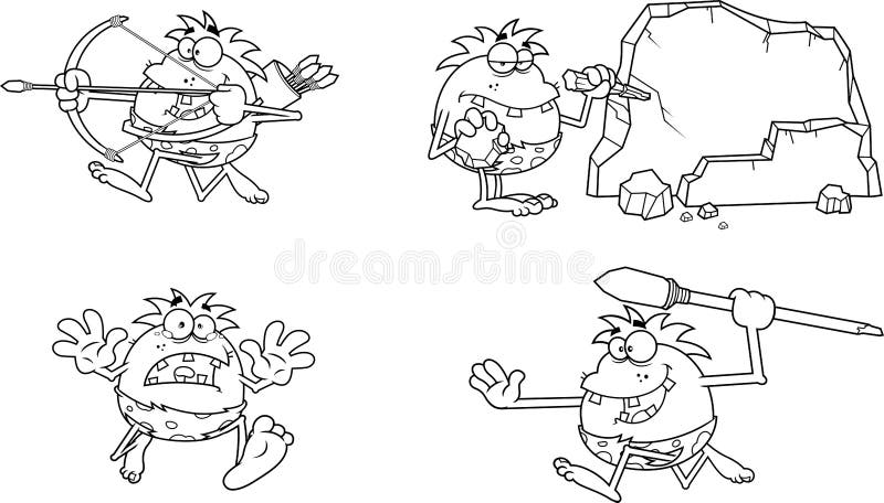 Outlined Caveman Cartoon Characters. Vector Hand Drawn Collection Set ...