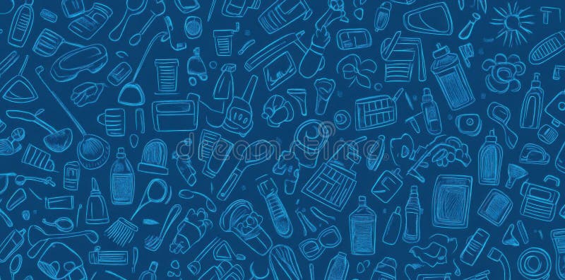 Outlined Cleaning Supplies on Blue Background Seamless Pattern with ...