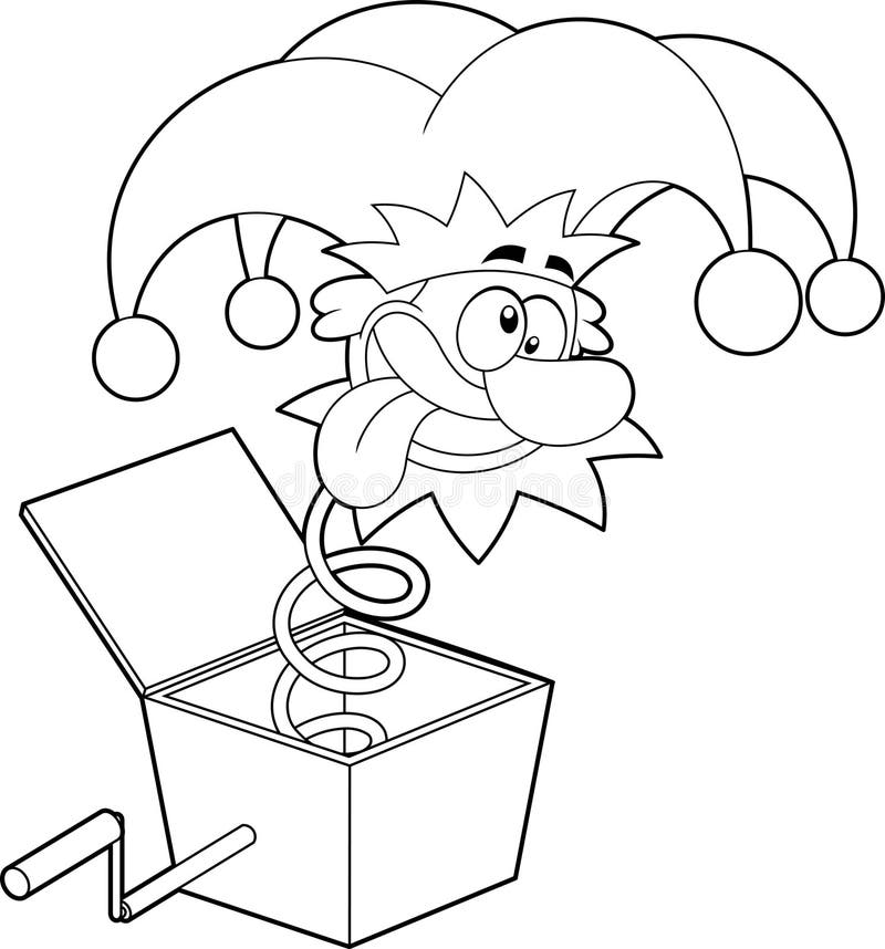 Outlined Crazy Jolly Jester Cartoon Character Exit from Surprise Box ...