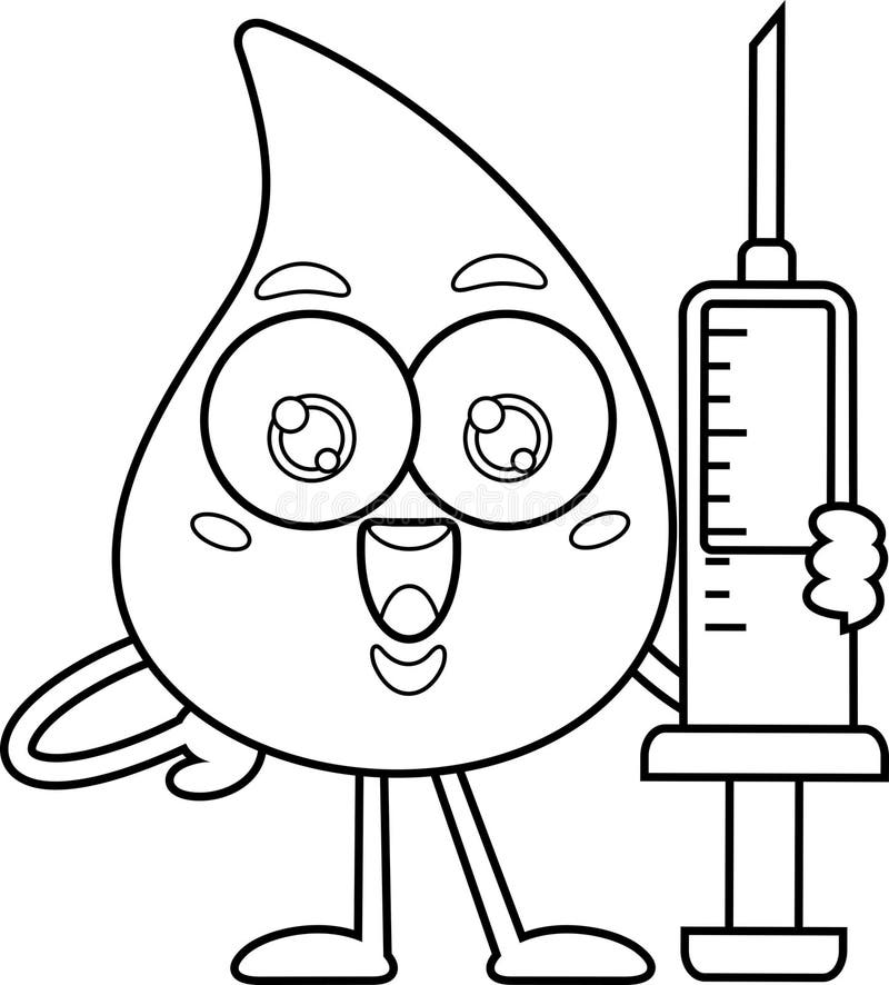 Outlined Cute Blood Drop Cartoon Character Holding a Syringe Stock ...