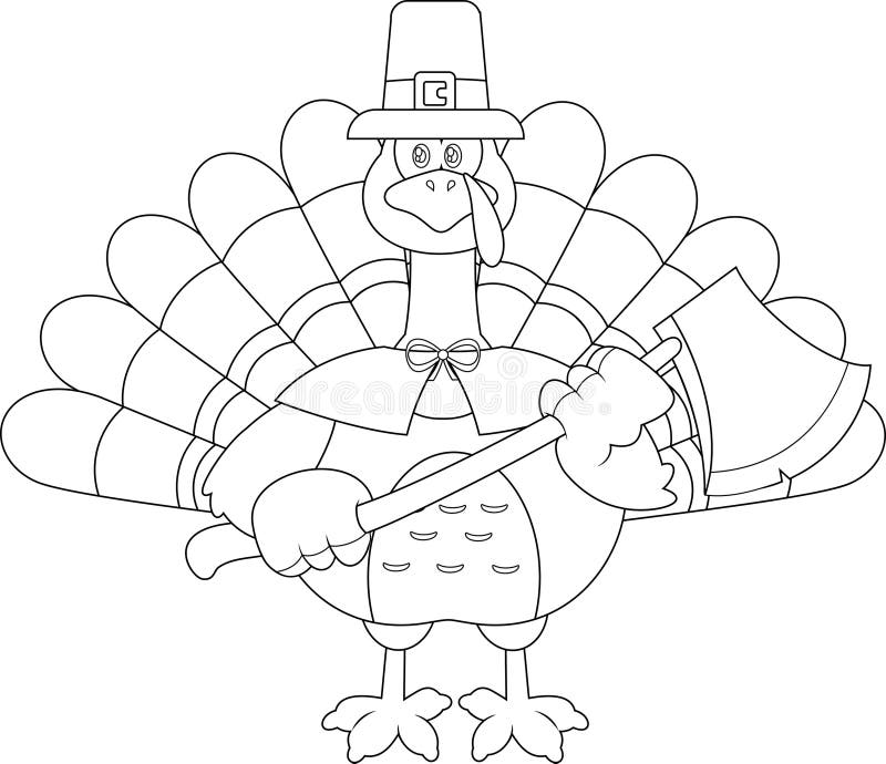 Outlined Cute Pilgrim Turkey Bird Cartoon Character Holding a Axe Stock ...