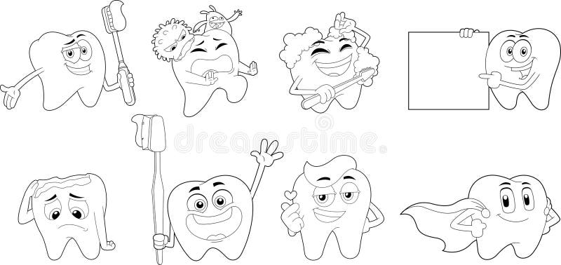 Outlined Cute Tooth Cartoon Characters. Vector Hand Drawn Collection ...