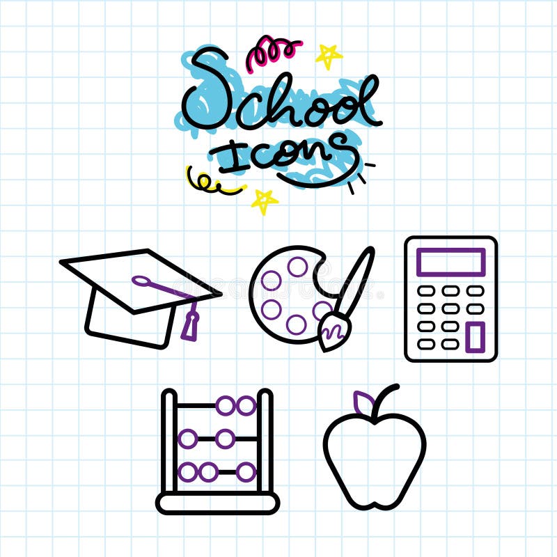 Outlined Five School Icons Set on Grid Paper Vector Stock Vector ...