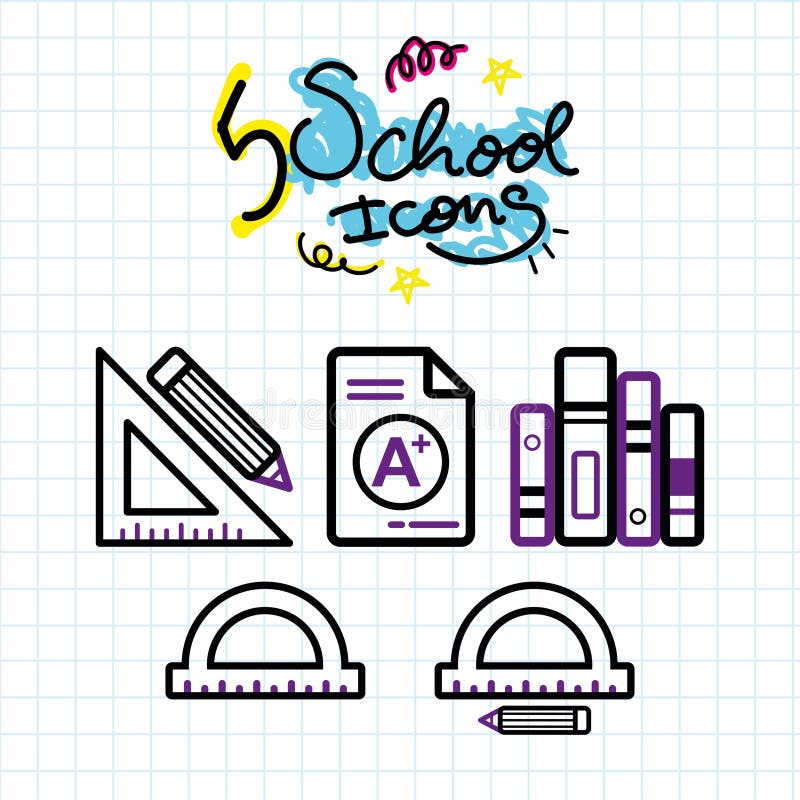 Outlined Five School Icons Set on Grid Paper Vector Stock Vector ...