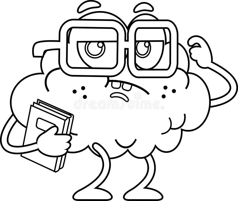 Outlined Funny Brain Cartoon Character Holding A Textbooks And Thinks Stock Vector