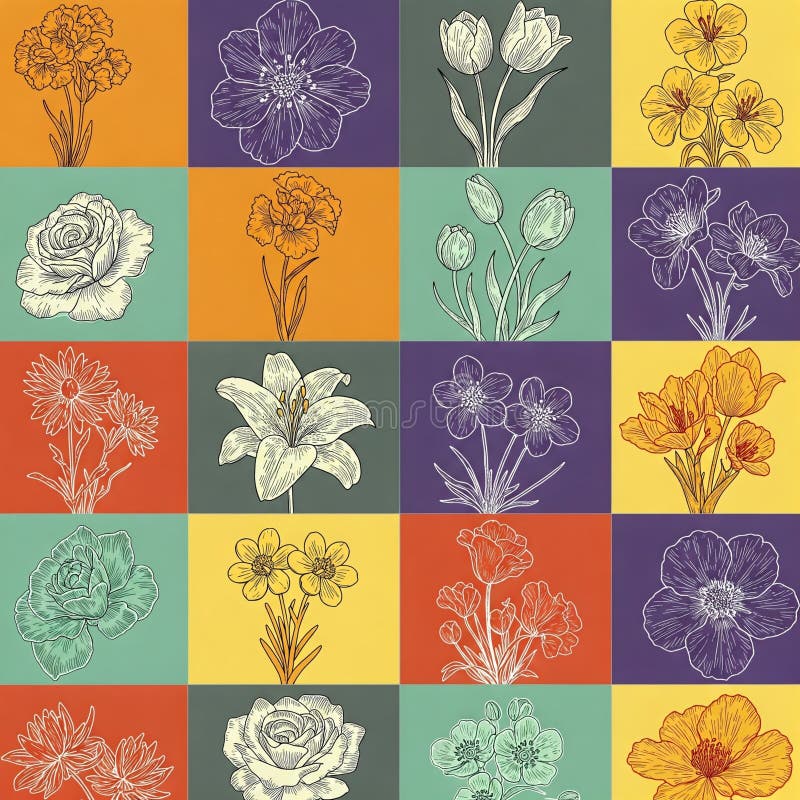 Outlined Garden Flowers Grid Tile Pattern Stock Illustrations – 4 ...