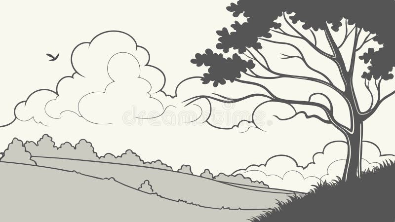 Outlined Landscape with Lone Tree and Distant Hills, Vector Design ...