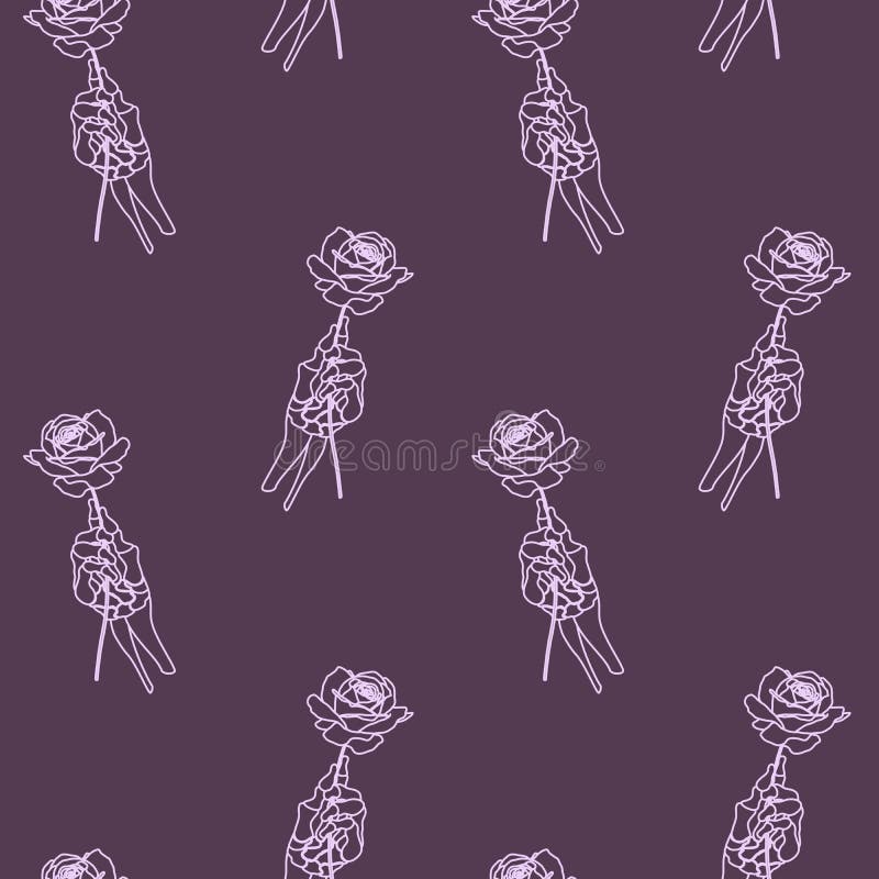 Outlined Light Purple Skeleton Hands Holding Roses Seamless Repeat ...