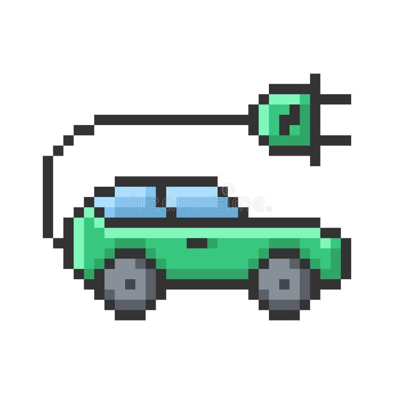 Outlined Pixel Icon of Electric Car Stock Vector - Illustration of ...