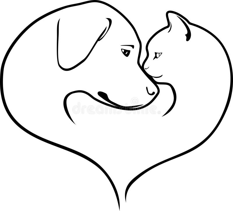 Outlined Portrait of Dog and Cat in Heart Shape Stock Vector ...
