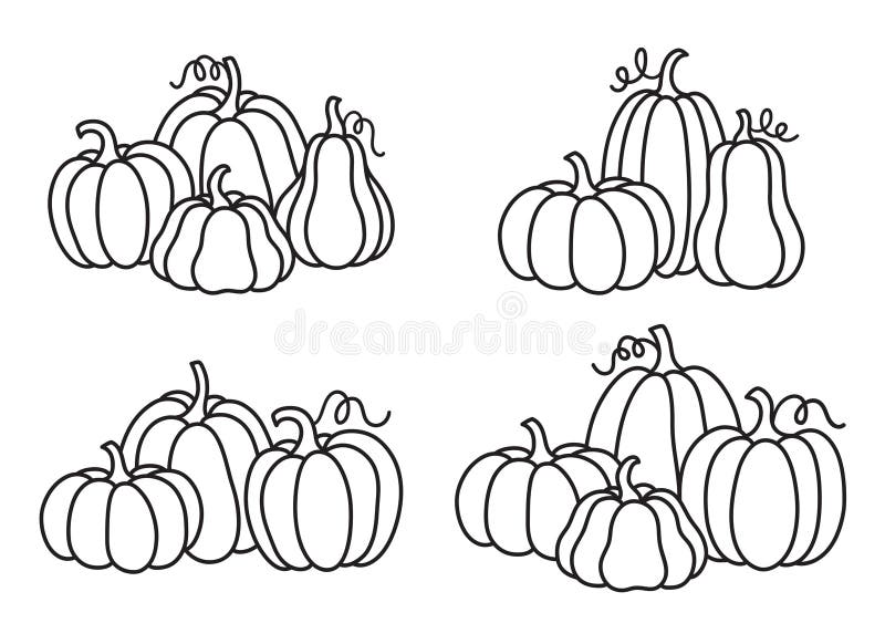 Outlined Pumpkins in Group of Three and Four Vector Illustration Set ...