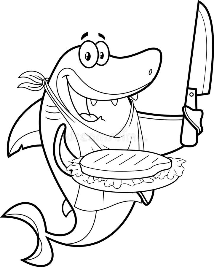 Outlined Shark Chef Cartoon Character Showing Grilled Steak On Plate Stock Vector Illustration