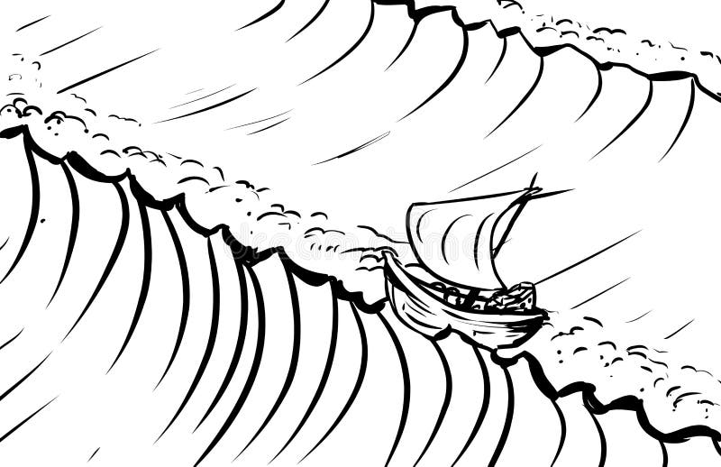 Outlined Ship and Tidal Waves Stock Illustration - Illustration of tall ...