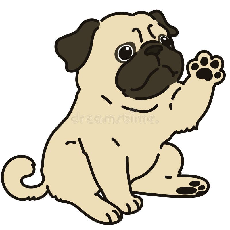 Outlined Simple and Cute Pug Sitting and Waving Hand Stock Vector ...