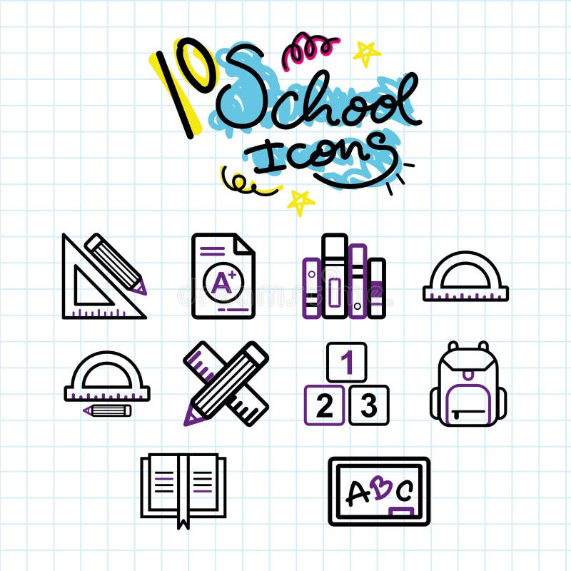 Outlined Ten School Icons Collection on Grid Paper Vector Stock Vector ...