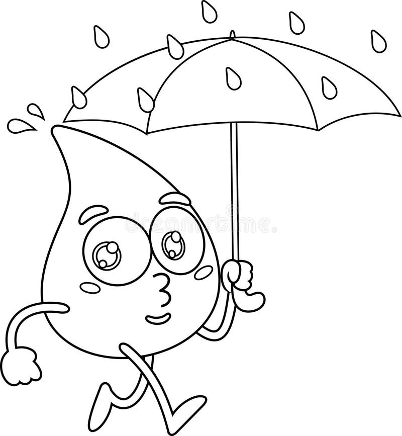 Outlined Water Drop Cartoon Character Walking With Umbrella Under The Rain Stock Vector