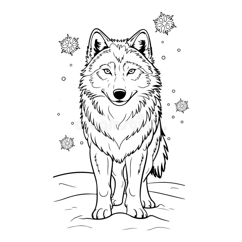Outlined Wolf Standing in Snow with Snowflakes Falling Down Stock ...