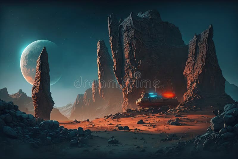 An Outpost on an Alien Planet with Huge Cliffs Stock Illustration ...