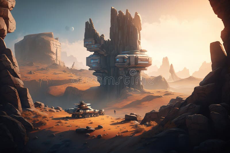 An Outpost on an Alien Planet with Huge Cliffs Stock Illustration ...