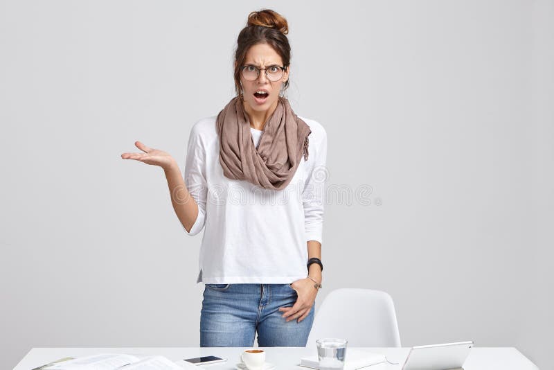 Outraged Grumpy Woman Director Gestures, Has Unhappy Annoyed Expression ...