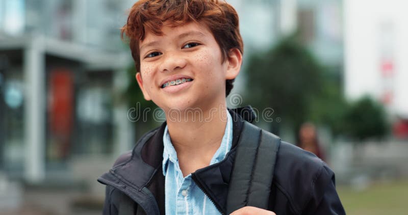 Outside, Boy Student and Face in School for Education, Learning and ...
