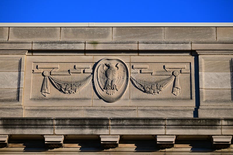 Outside Brick Wall of Postal Office Carved Eagle Design in Cement Stock ...
