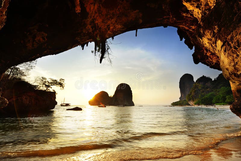 Outside cave to see sunset stock photo. Image of holiday - 75442732