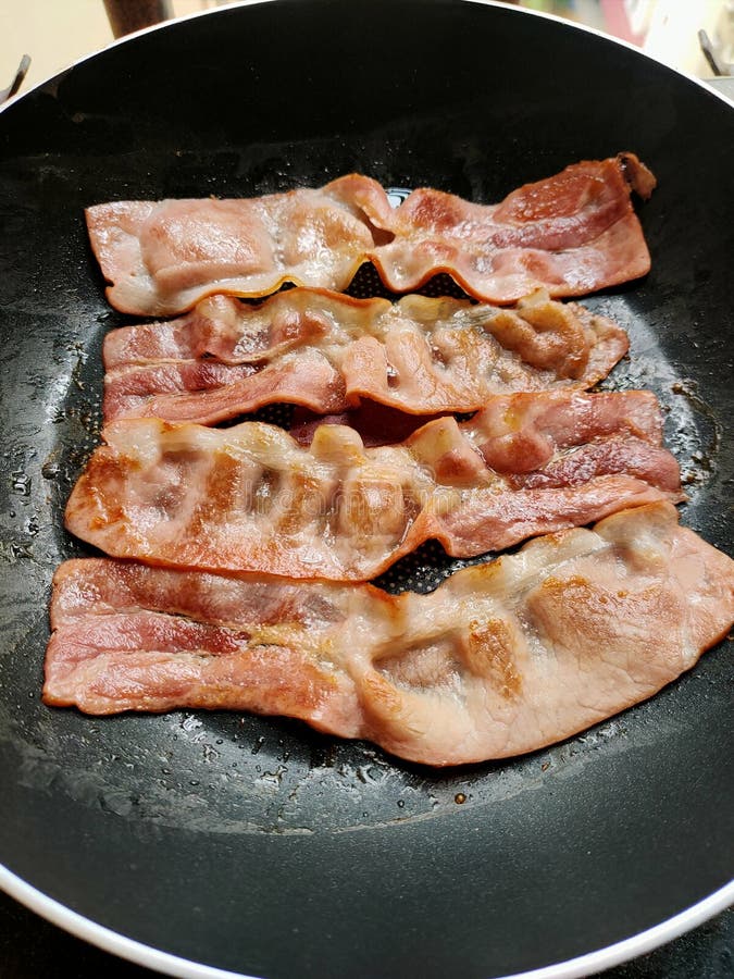 Fried Streaky Bacon on the Pan Stock Photo - Image of streaky, cooking ...
