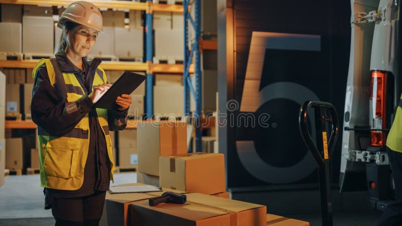 Outside of Logistics Retail Warehouse: Manager Using Tablet Computer To ...