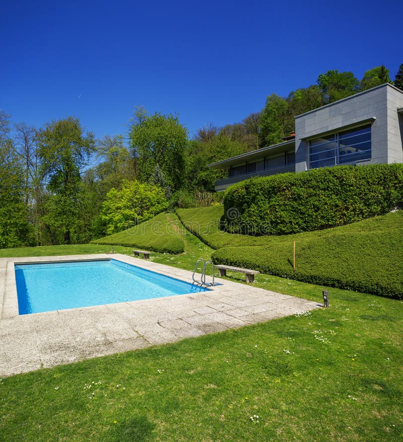 Outside of Modern House in Summer, Swimming Pool Stock Photo - Image of ...