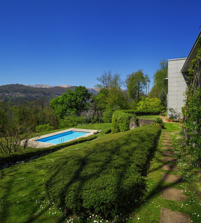 Outside of Modern House in Summer, Swimming Pool Stock Photo - Image of ...