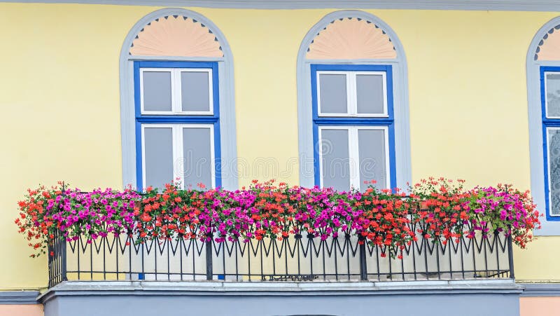 Outside Vibrant Colored Windows with Colored Flowers Balcony Stock ...