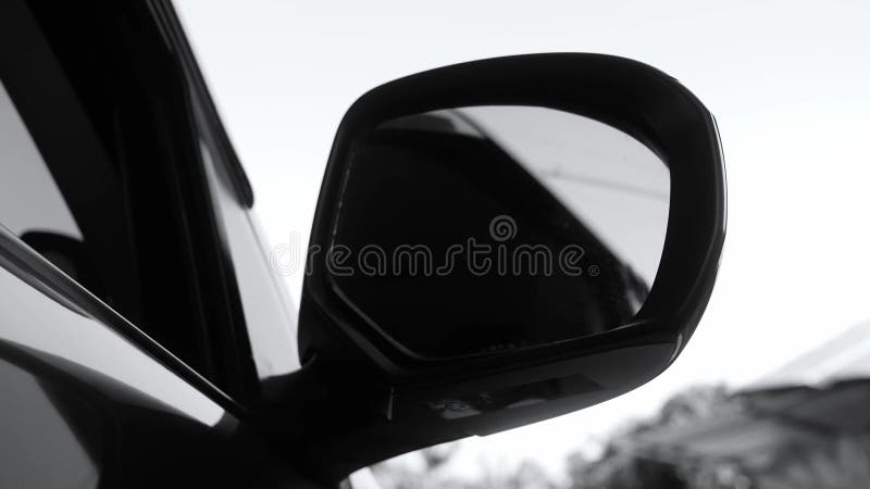 The Outside View of Side Mirror Car Adjustment. Driver`s Hand Pressing ...