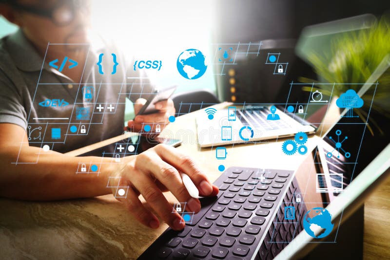 Outsource Developer Working On Marble Desk Working Laptop Computer Mobile Application Software