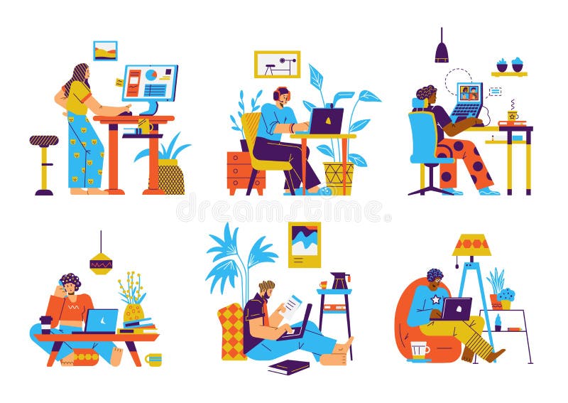 Outsourcing and Freelance Professionals at Work, Flat Vector ...