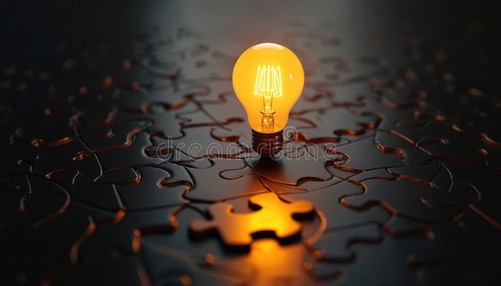 Outstanding Gold Jigsaw Puzzle with Glowing Light Bulb. Leader Idea ...