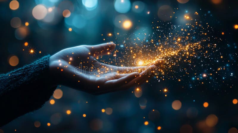 Outstretched Hand Holding Glowing Particles in the Dark Stock Photo ...