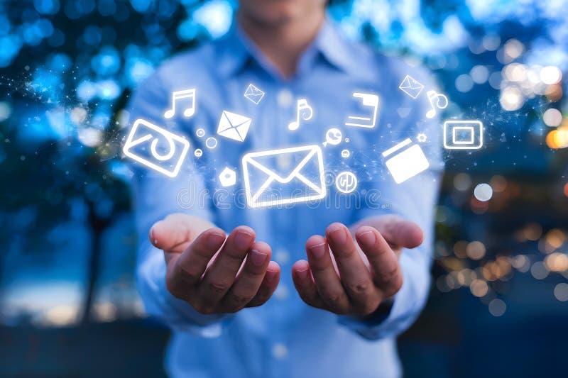 Outstretched Hands Release Glowing Digital Icons, Futuristic ...