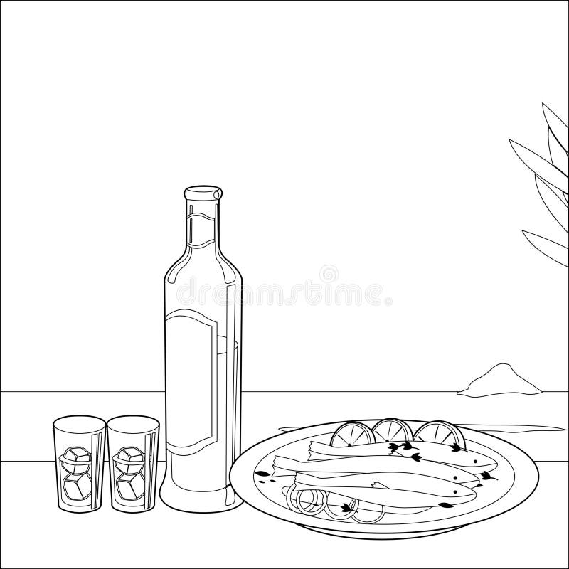 Ouzo and Cooked Fish in a Table Next To the Sea. Vector Black and White ...