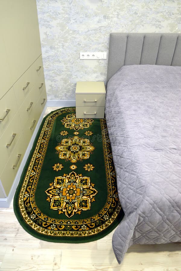 Oval Bedside Mat in Modern Bedroom Interior Stock Photo - Image of ...