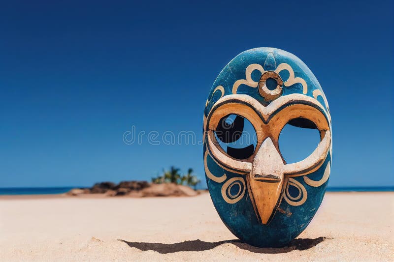 Oval Blue Tiki Mask with Pattern Standing on Beach on Sand. Stock ...
