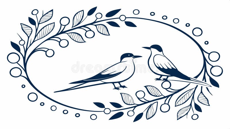 Oval Design Birds on Branch Leaves Nature Wildlife Vector Design ...