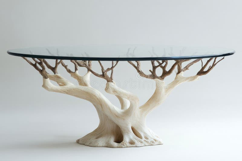 Oval Glass Coffee Table with Wooden Tree Trunk Base Creating an Elegant ...