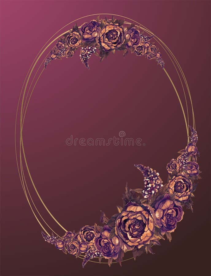 Oval Gold Frame with Pink Watercolor Flowers. Wedding Frame with ...