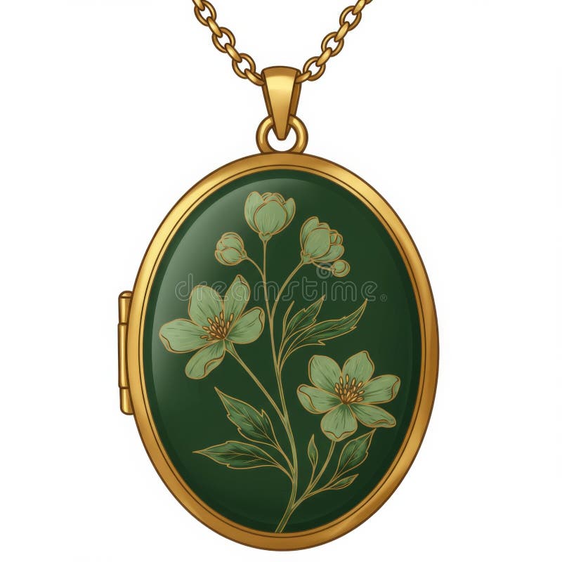 Oval Gold Locket with Green Floral Design Stock Illustration ...