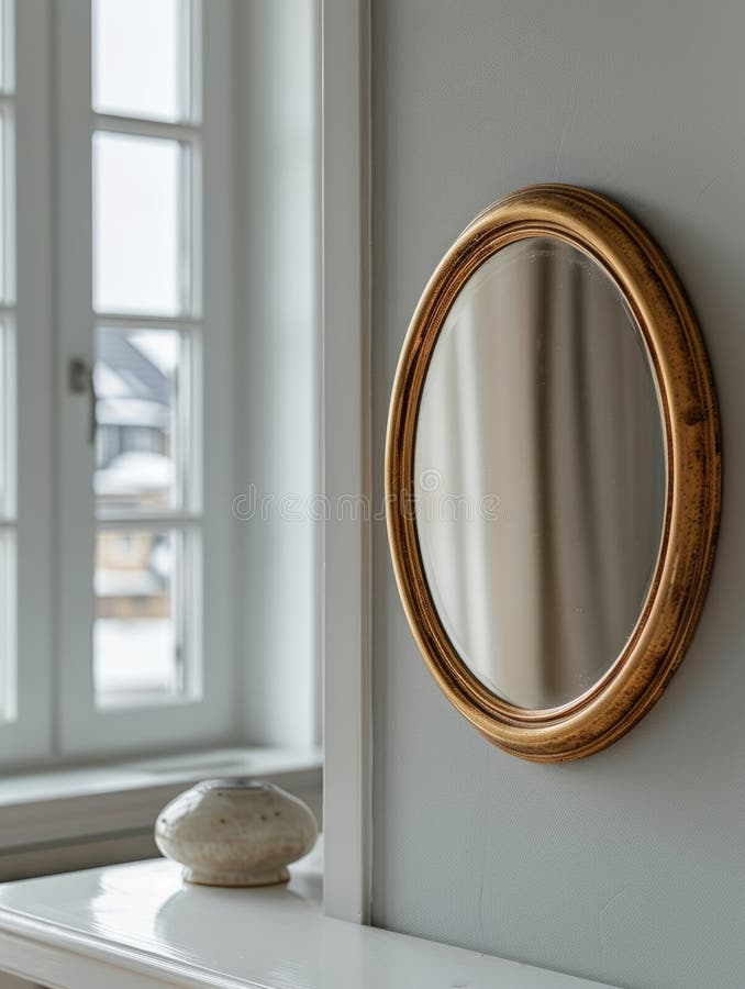 Oval Mirror with Golden Frame on Windowsill in Bright, Serene Room ...