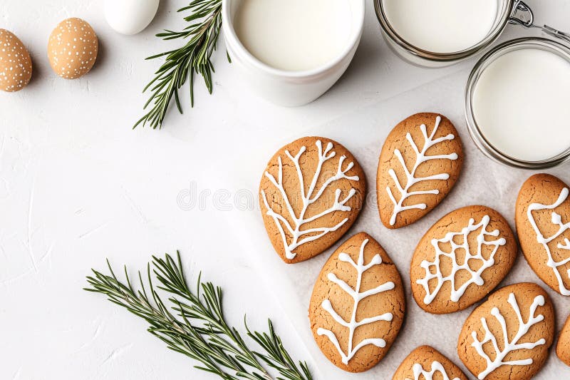Oval-shaped Cookies with White Icing Decorations on a Light Wooden ...