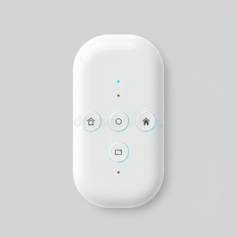 Oval-shaped, White Remote Control with Five Circular Buttons. Each ...