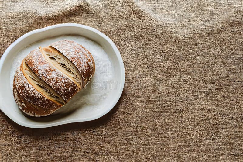Oval Sourdough Bread with Brown Crust on Plate Stock Illustration ...