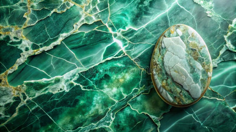 Oval Stone Resting on a Green Marble Background with Gold Veining ...